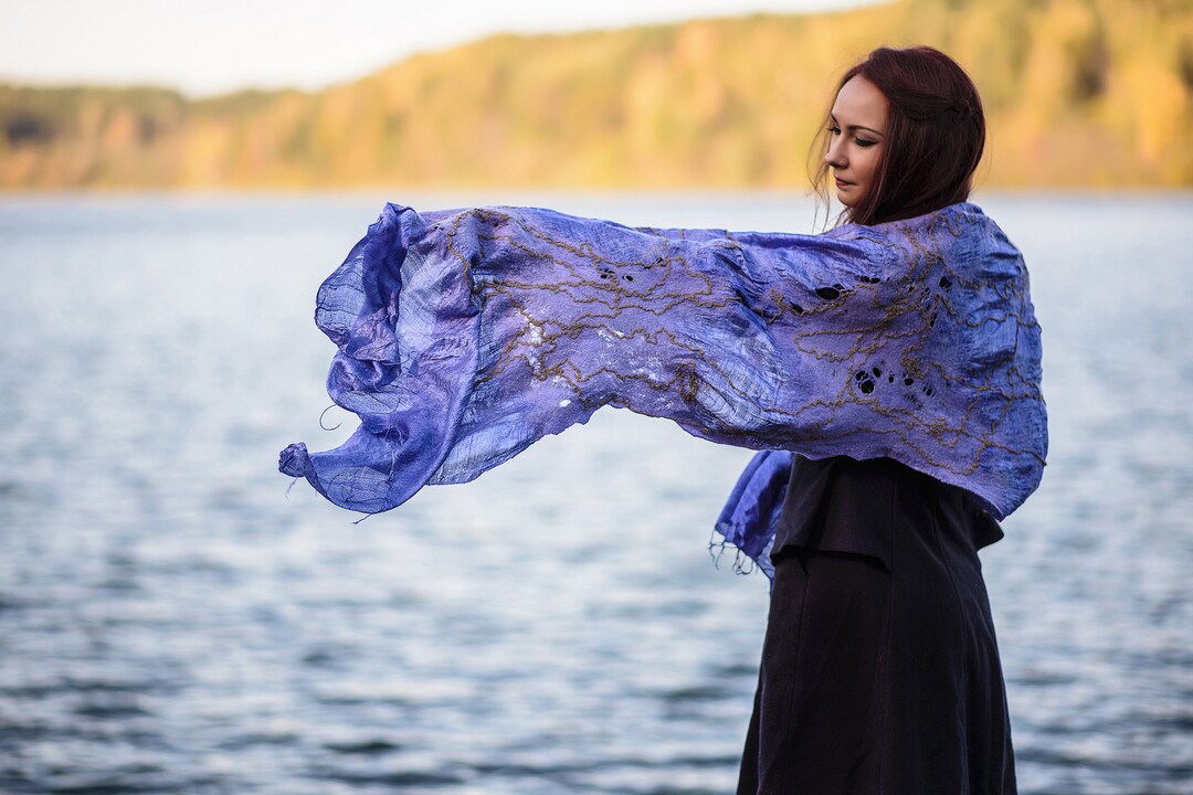 Elegant Purple Scarf for Woman Violet Purple Silk Scarf With Wool Light ...