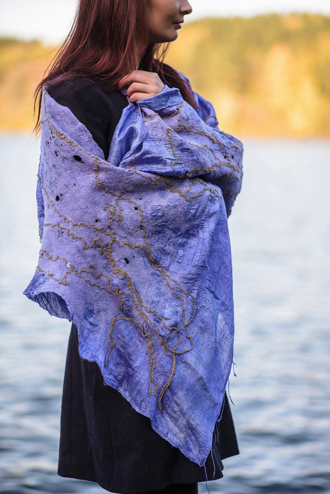 Elegant Purple Scarf for Woman Violet Purple Silk Scarf With Wool Light ...