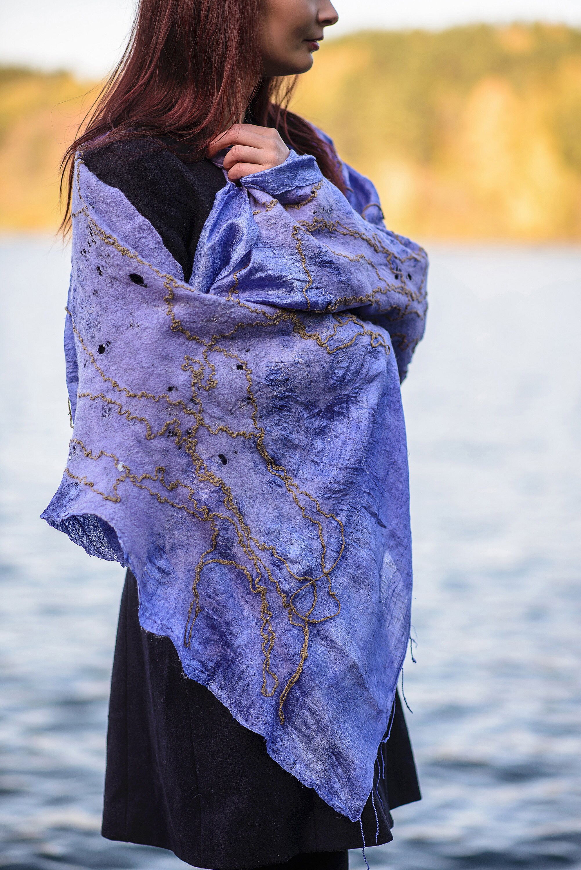 Elegant Purple Scarf for Woman Violet Purple Silk Scarf With Wool Light ...