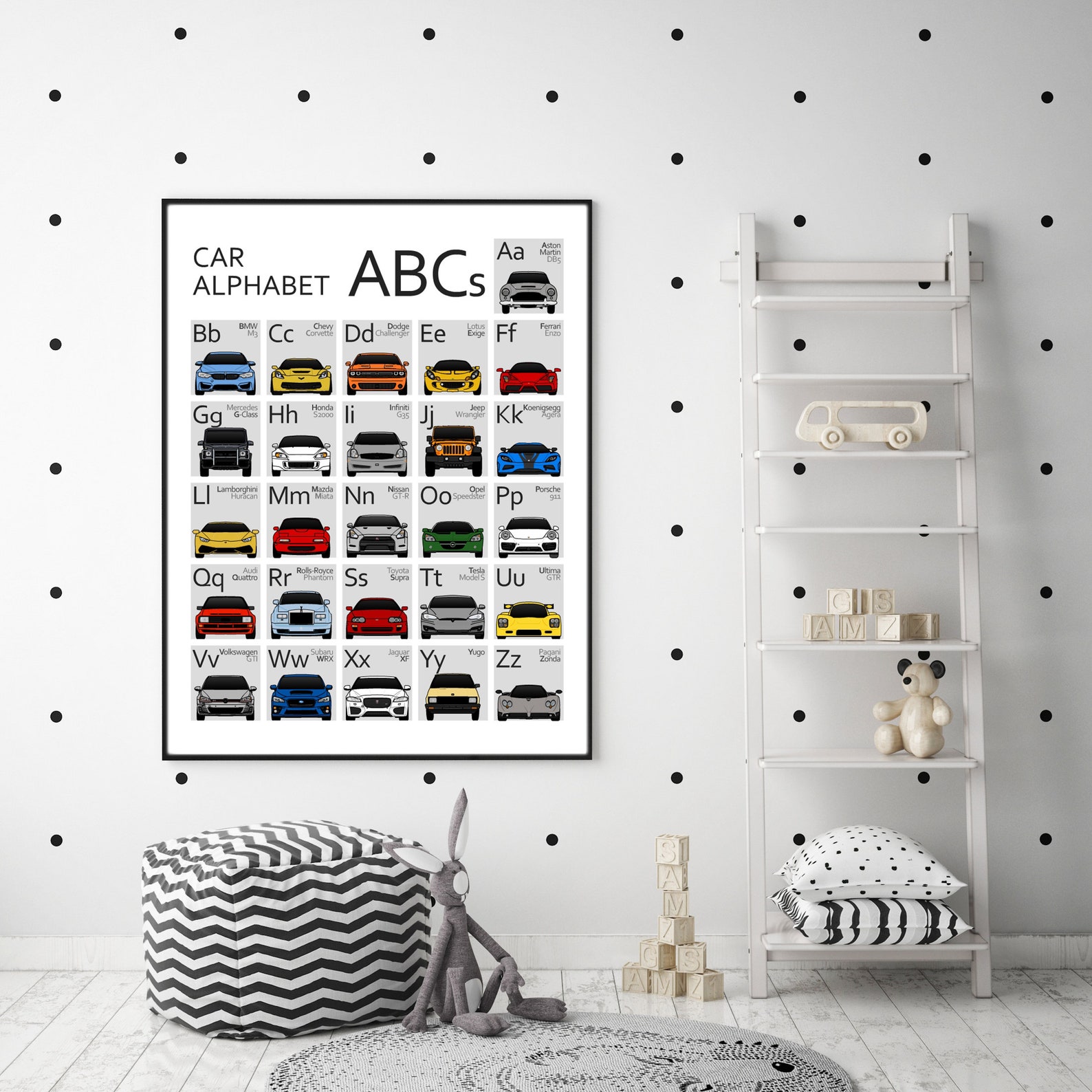 Car Nursery ABC Alphabet Car Poster Print Wall Art for Babies | Etsy