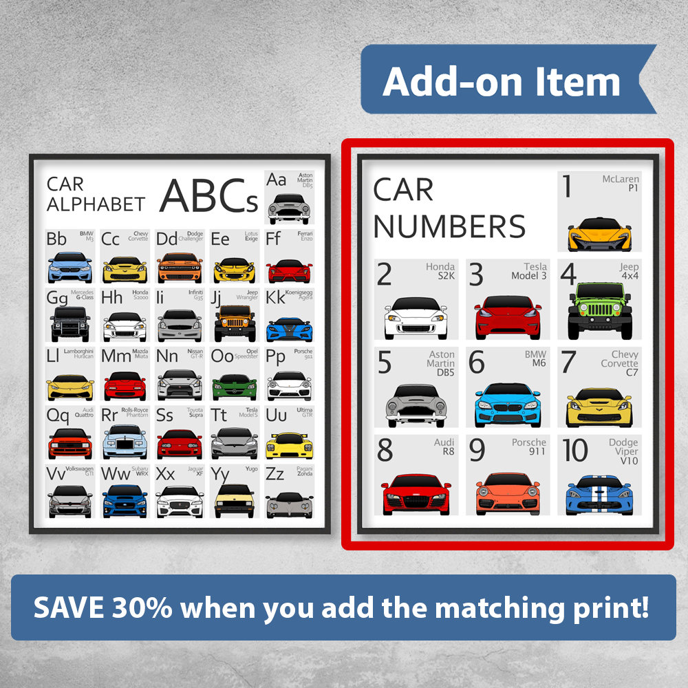 Car Nursery ABC Alphabet Car Poster Print Wall Art for Babies | Etsy