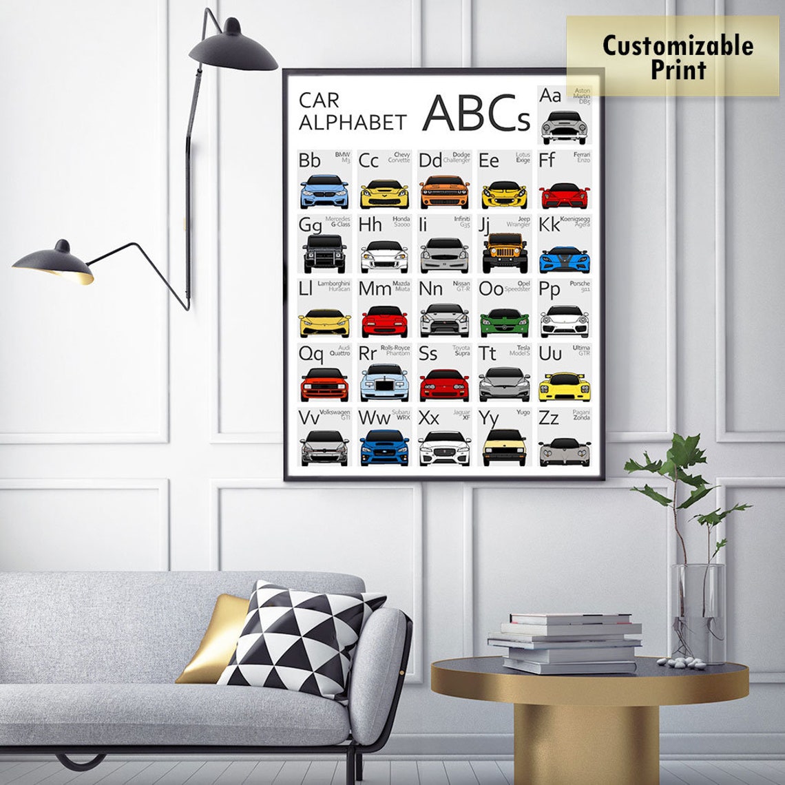 Car Nursery ABC Alphabet Car Poster Print Wall Art for Babies | Etsy