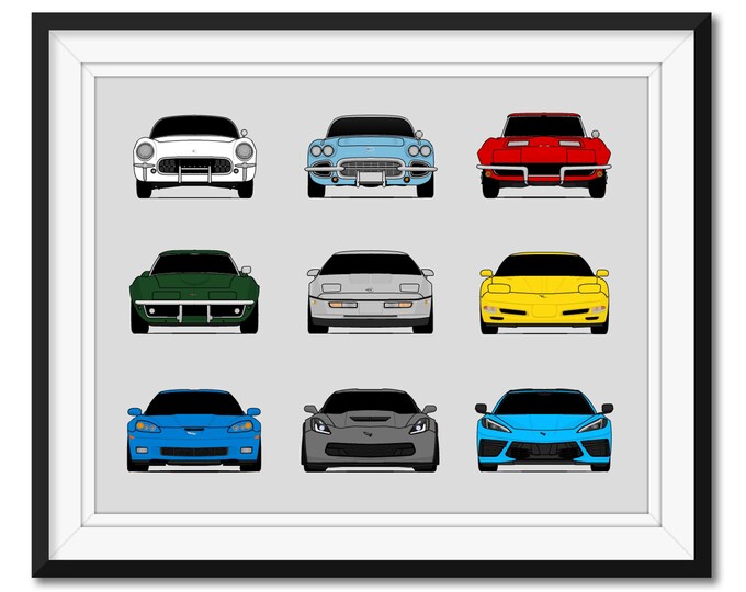 Chevy Corvette Generations C1 C2 C3 C4 C5 C6 C7 C8 Inspired Car Poster ...
