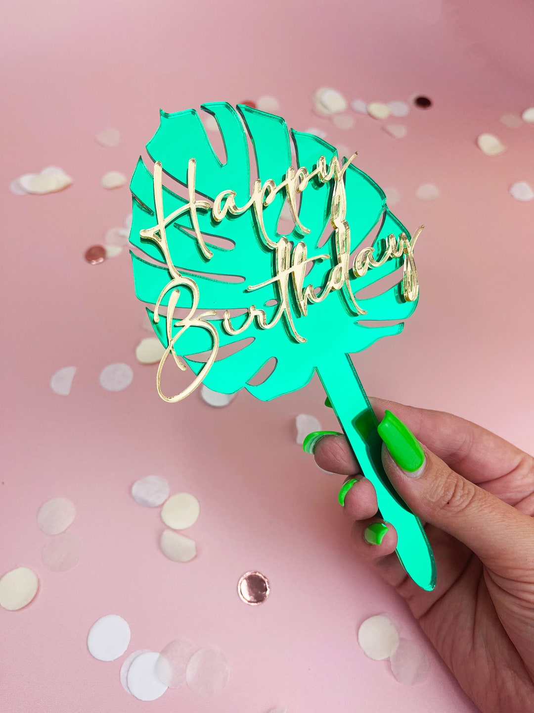 Monstera Leaf Acrylic Cake Topper Personalised Happy Birthday Frosted ...