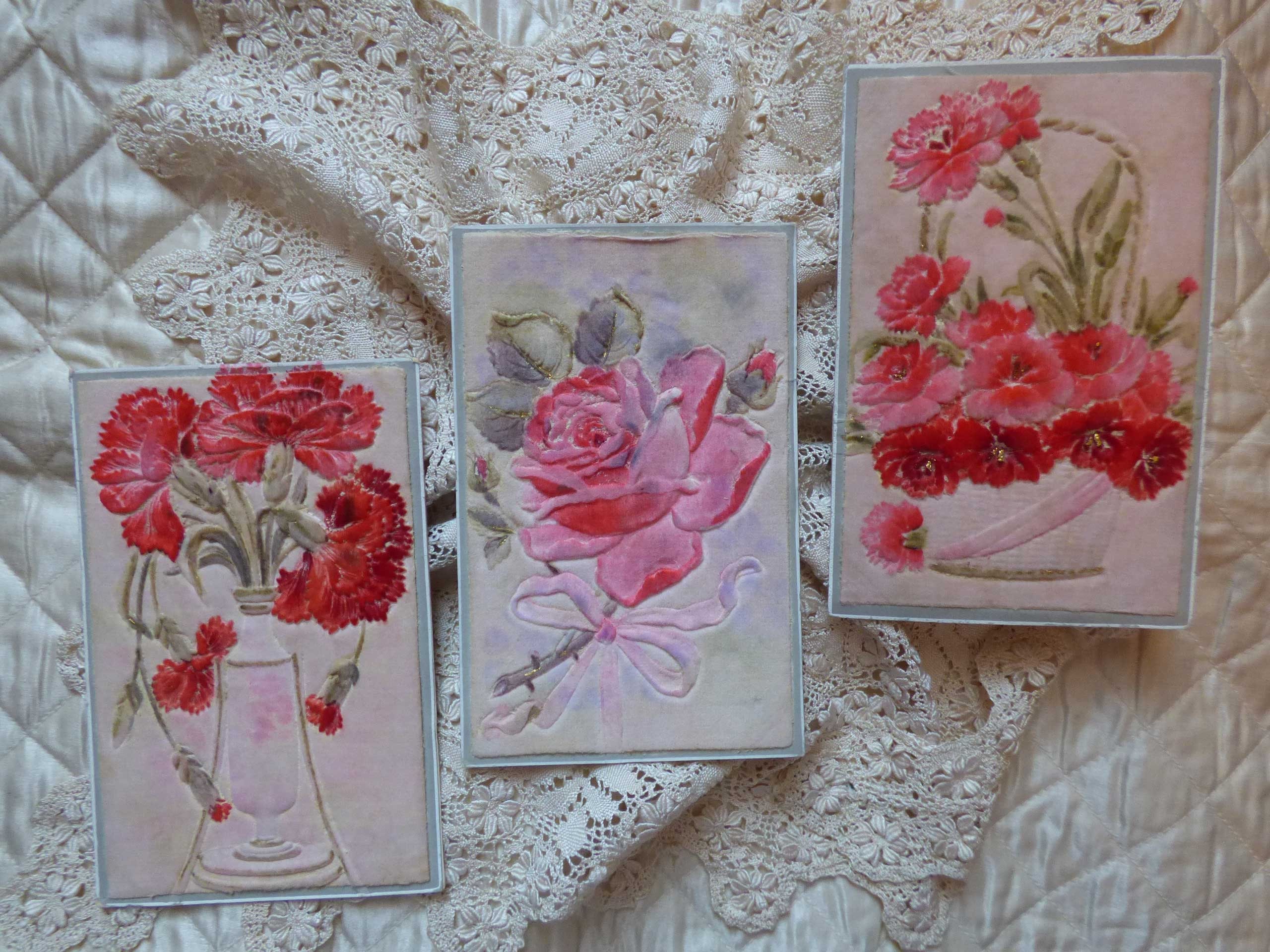3 Antique French Cards 1910s With Velvet Appliques (3 Sizes) - Hand ...