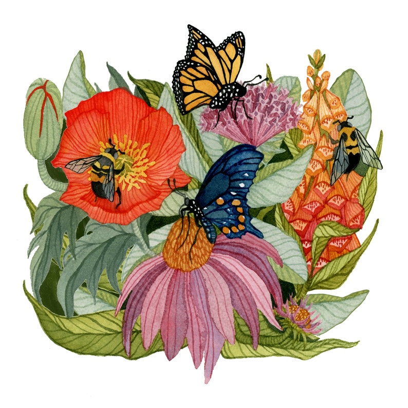 Pollinators Watercolor Painting: Bees and Butterflies Art Print - Etsy