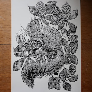 Squirrel in the Leaves - Original Lino Cut Print, Block Print, Animal ...
