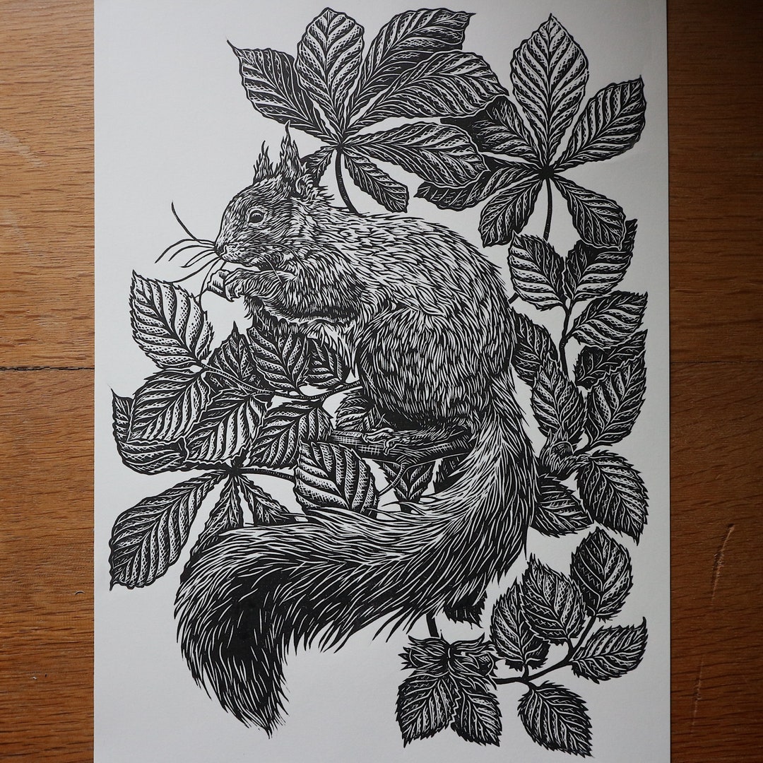 Squirrel in the Leaves - Original Lino Cut Print, Block Print, Animal ...