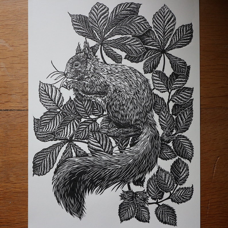 Squirrel in the Leaves Original Lino Cut Print Block Print - Etsy