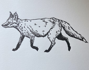 First Snowfall | Original Art Linocut Relief Block Print of Fox in the ...