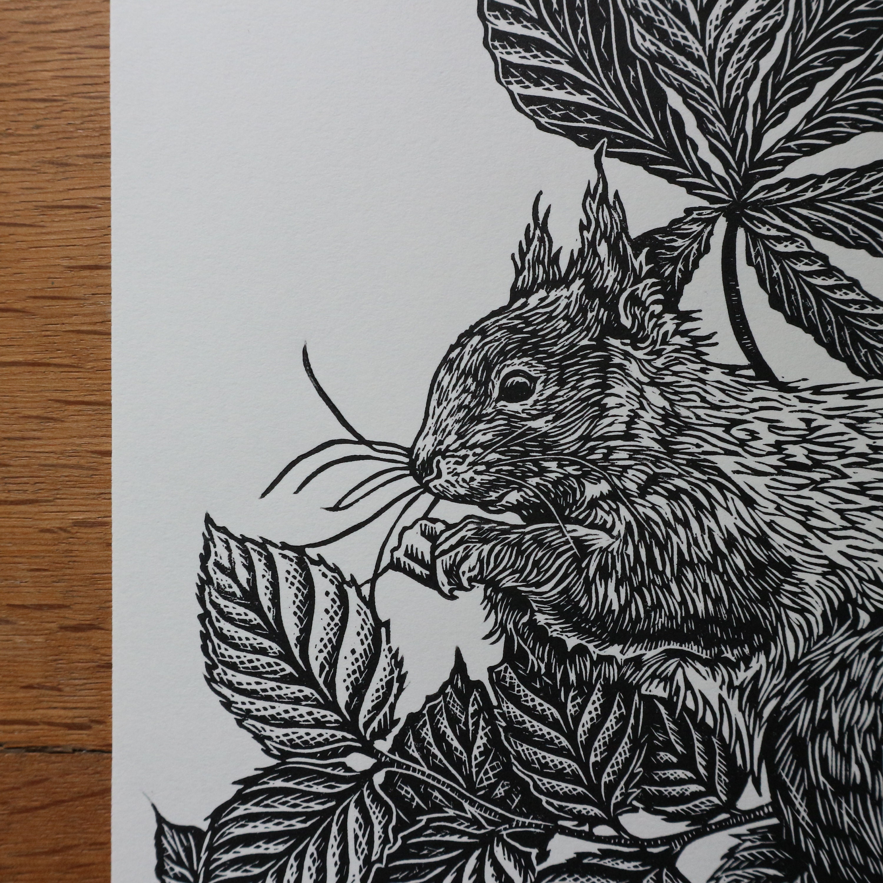 Squirrel in the Leaves Original Lino Cut Print Block Print - Etsy