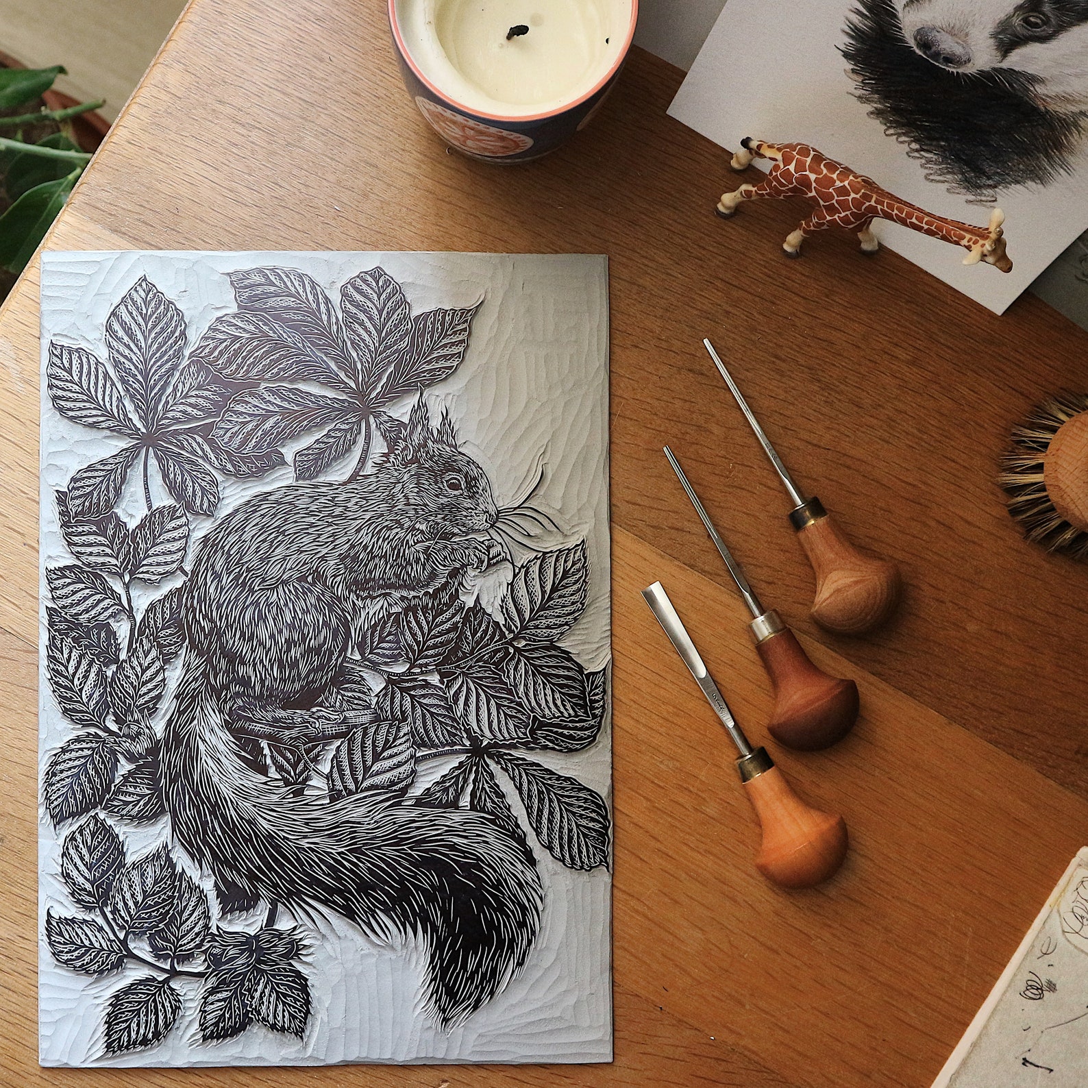 Squirrel in the Leaves Original Lino Cut Print Block Print - Etsy