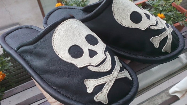 Skull and Crossbones Slippers Skull Leather Slippers-skull and - Etsy