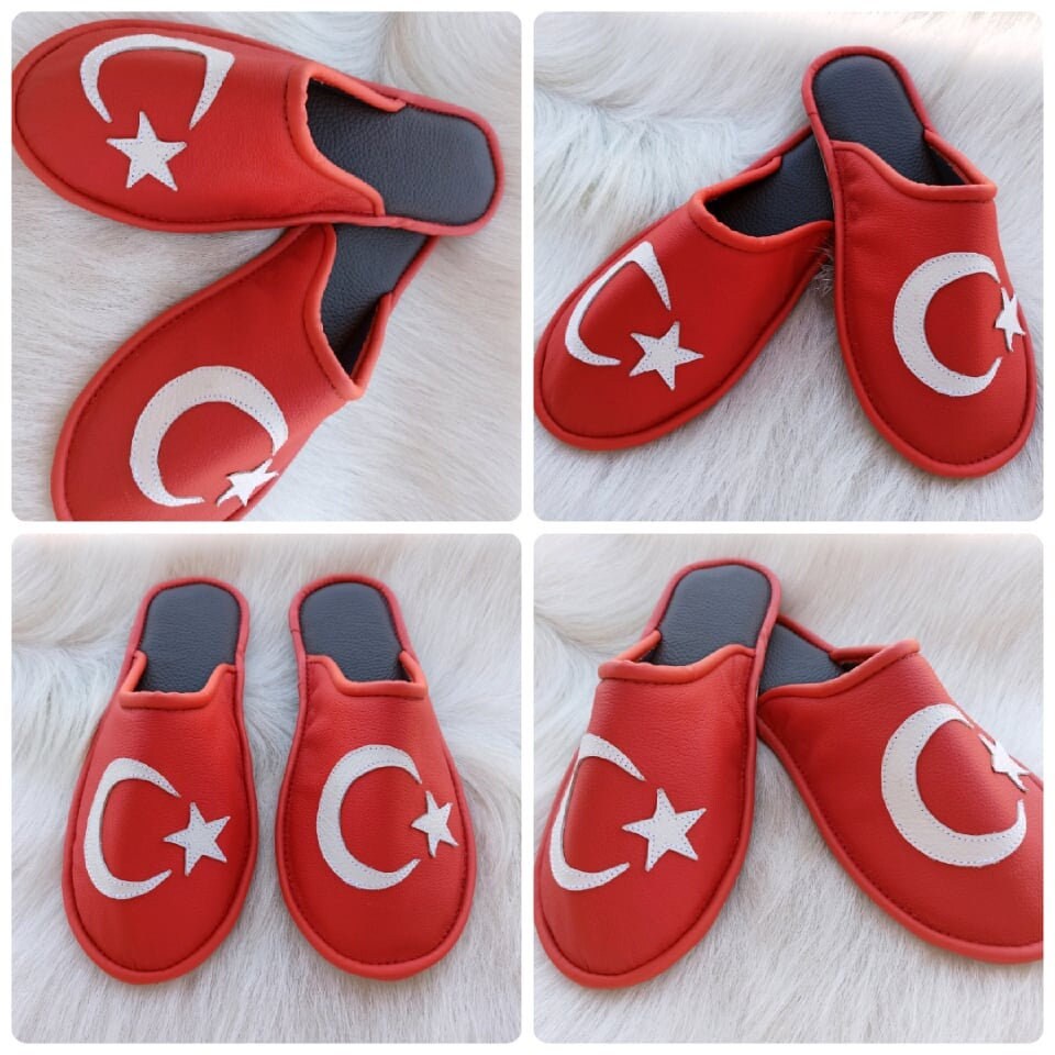 Turkish leather slippers Turkie flag slippers shoes gift for | Etsy