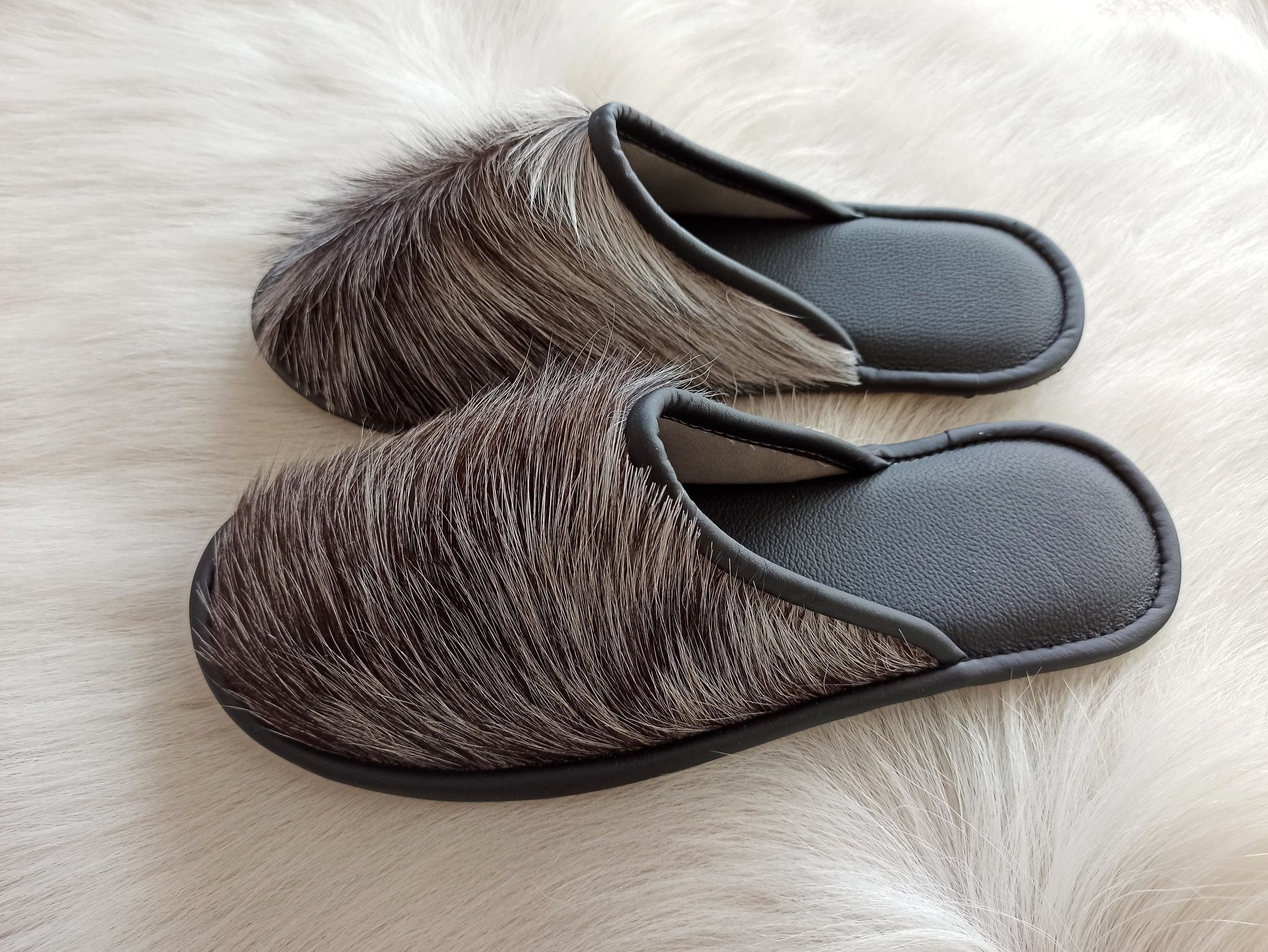 Goat fur slippers leather unique | Etsy