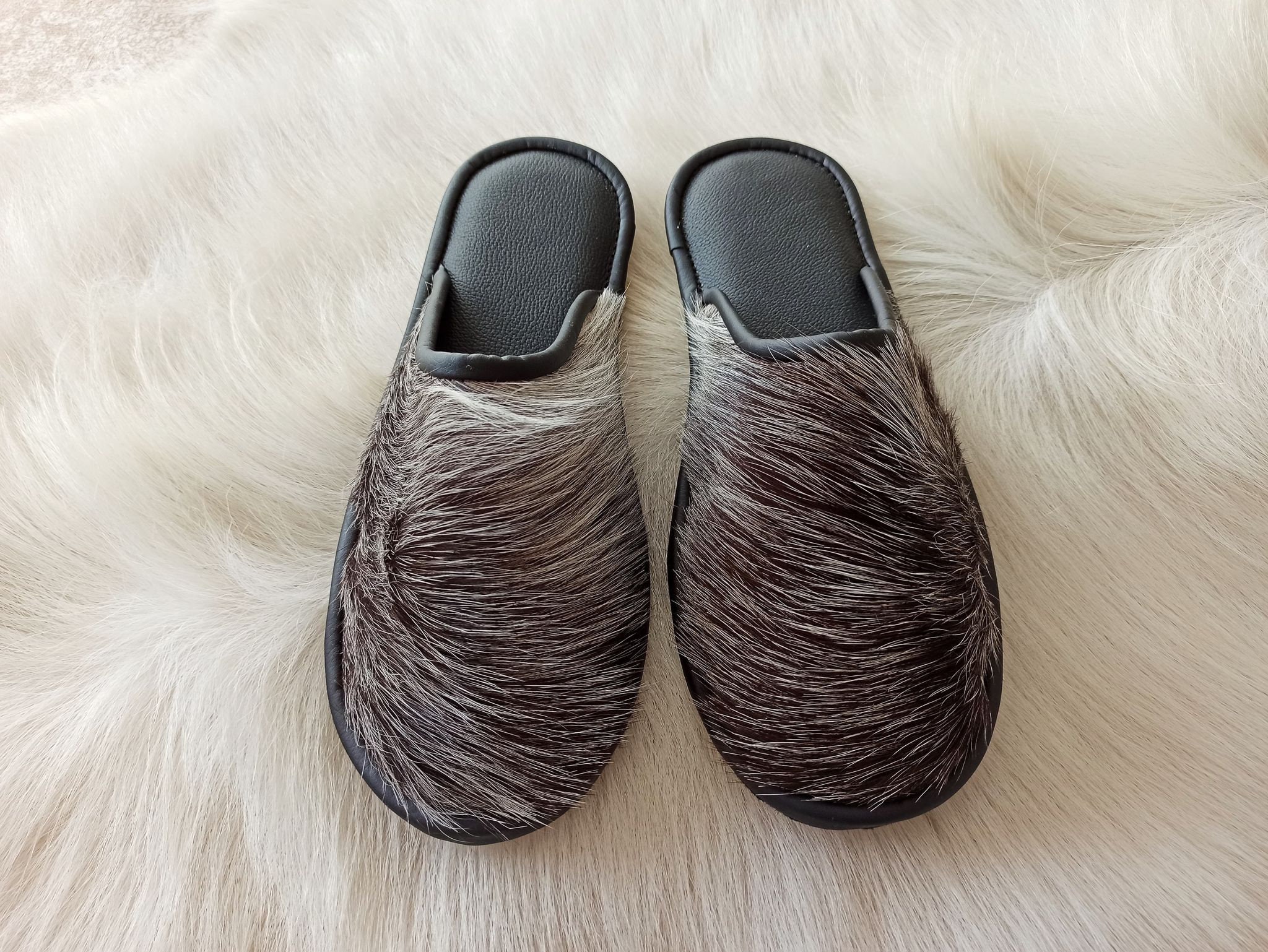 Goat fur slippers leather unique | Etsy