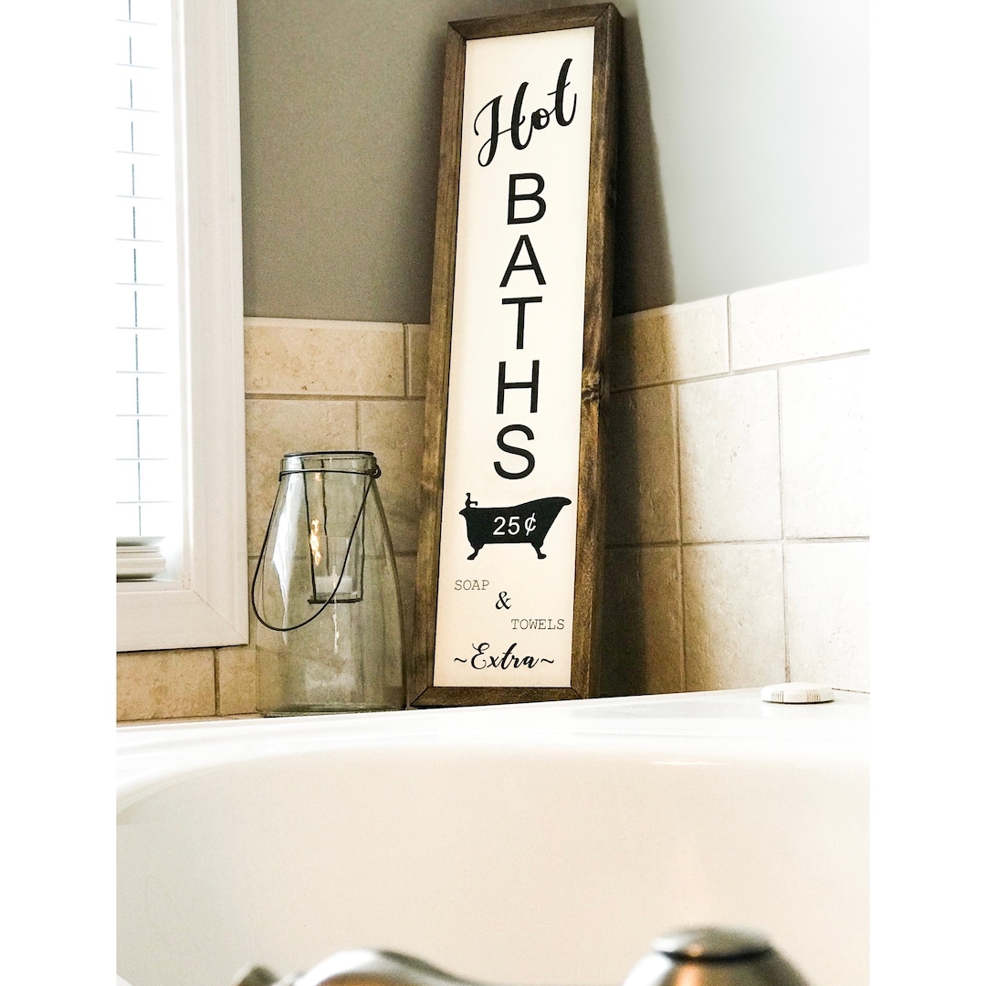 Hot Baths Sign | Rustic Home Decor | Narrow Bathroom Sign | Corner ...