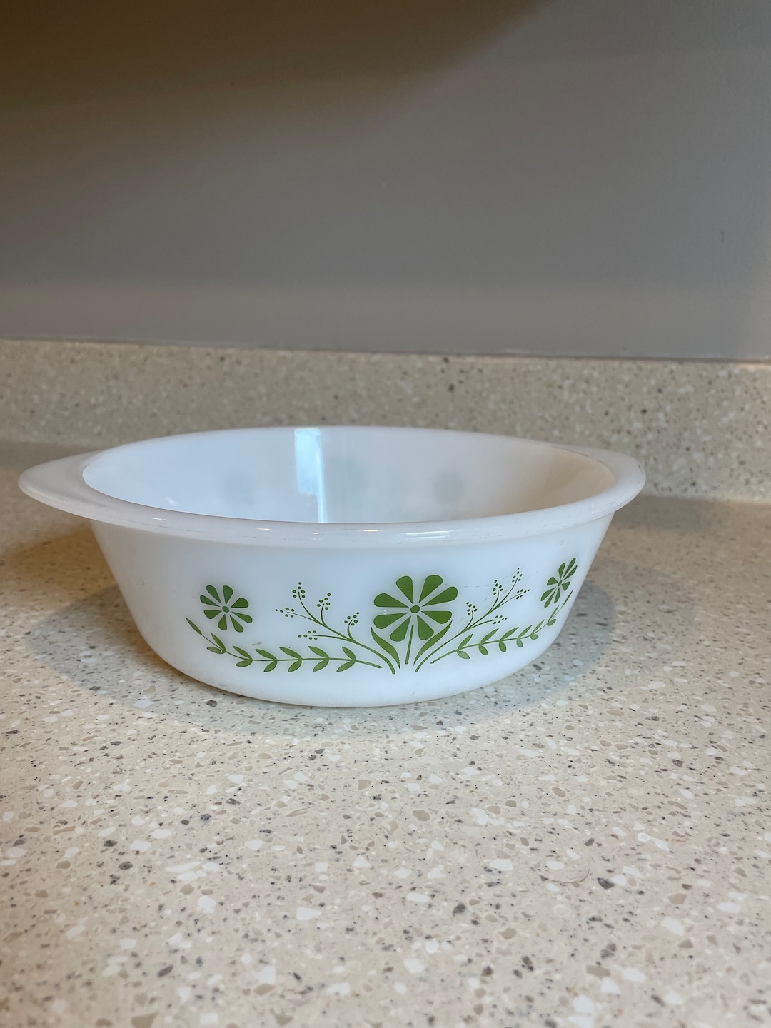 Vintage White Pyrex Bowl With Green Daisy Decoration, 2 Quart With Side ...