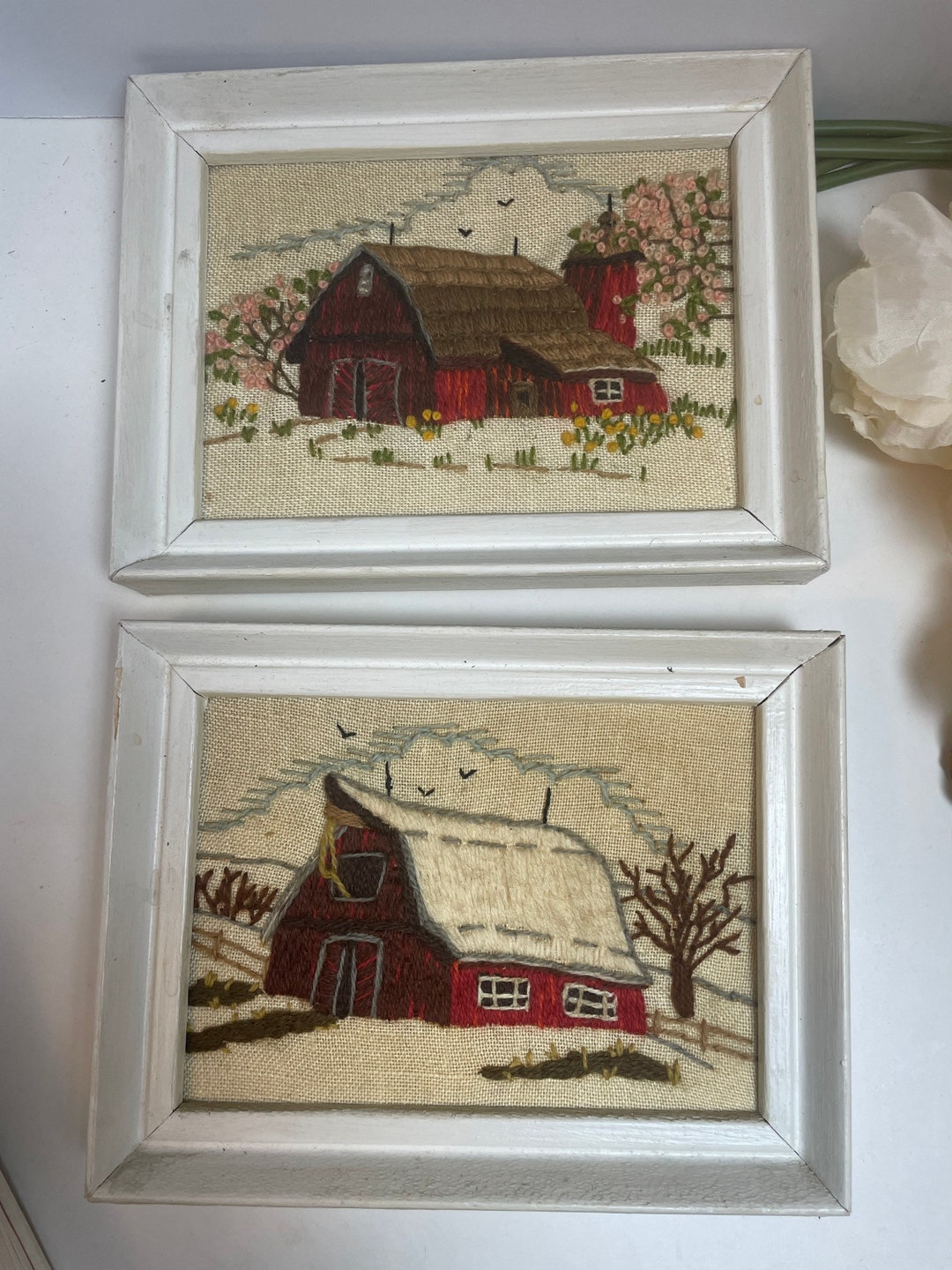 Embroidered Farm Scene With Frame, Set of 2, Vintage Barns, Well ...