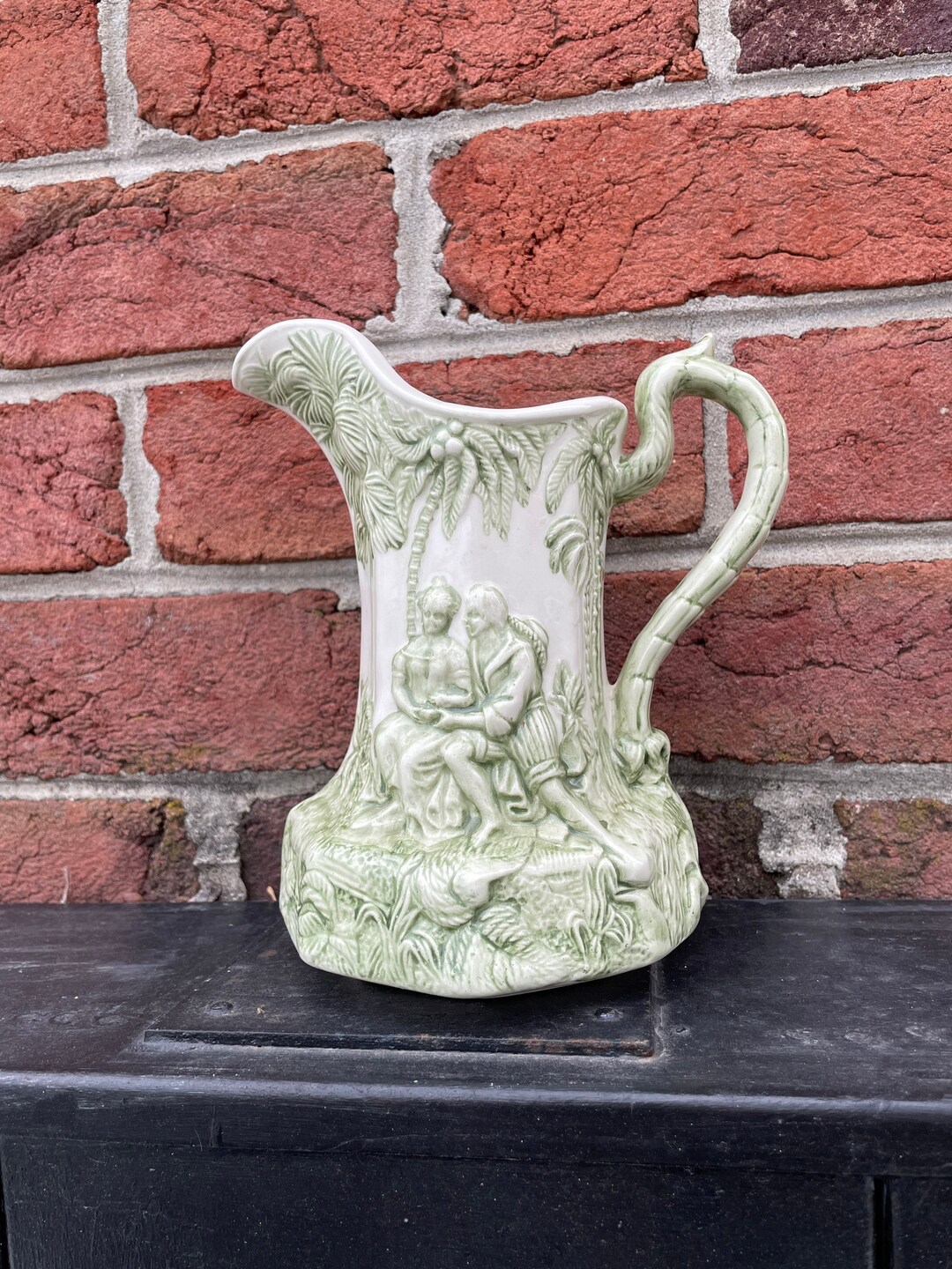 Relief Art Pitcher, Green and White Vintage Ceramic Pitcher With Cameo ...
