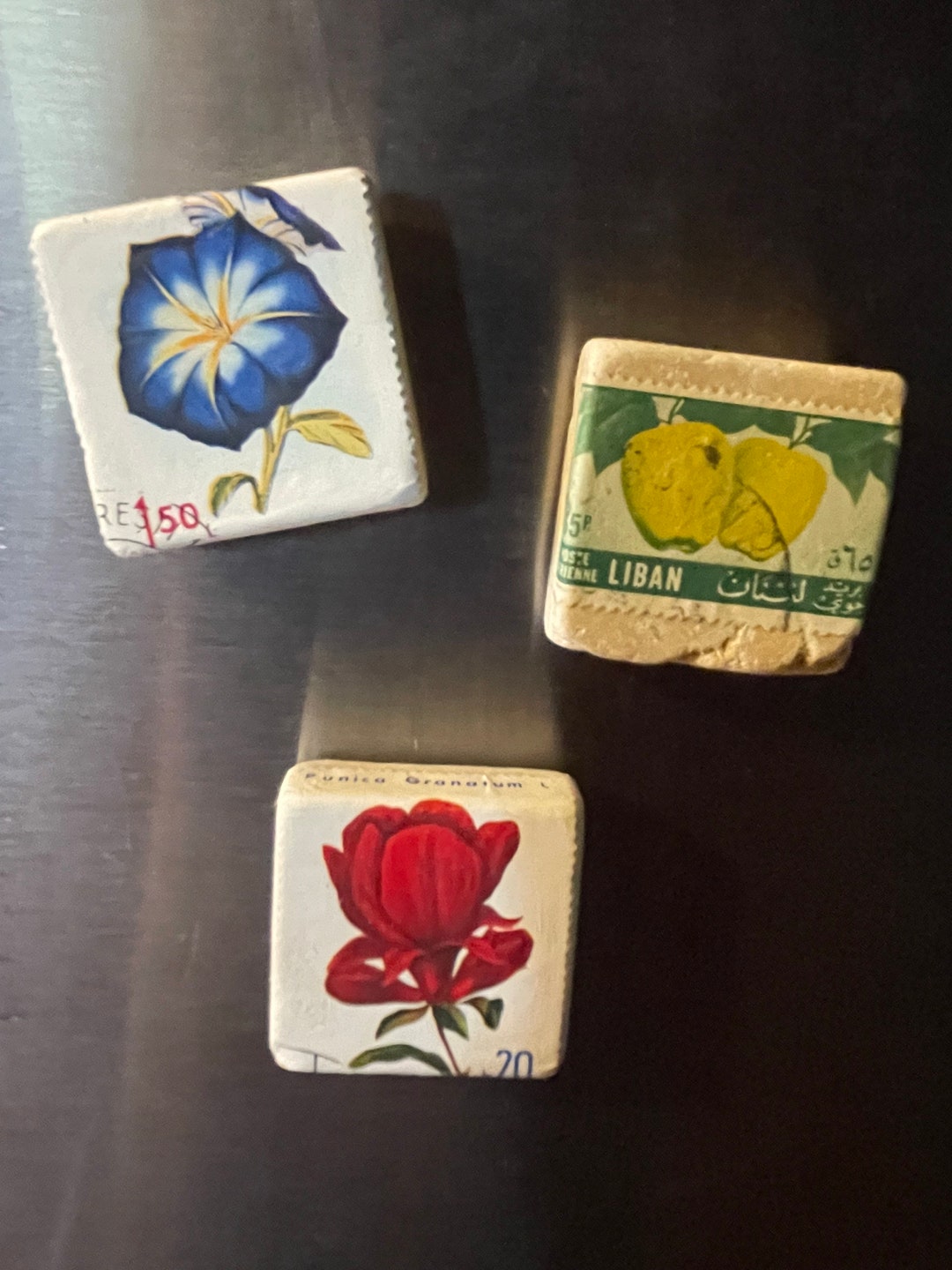 Trio of Handmade Magnets With Vintage Postage Stamps on Tumbled Stone ...