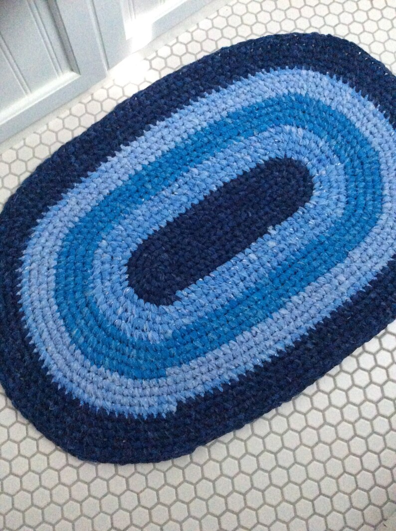 Hand Crochet Cotton Shades of Blue Rag Rug Oval - Etsy
