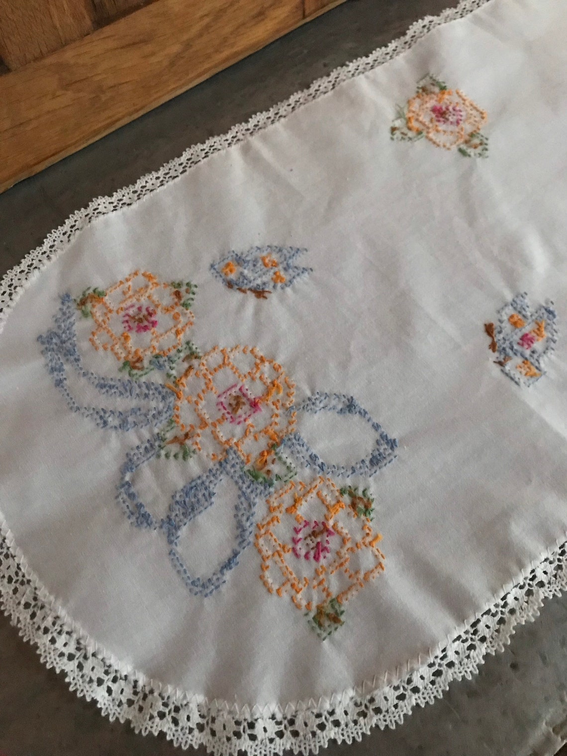 Vintage Hand Embroidered Table Runner, Flowers and Butterflies, Dresser ...