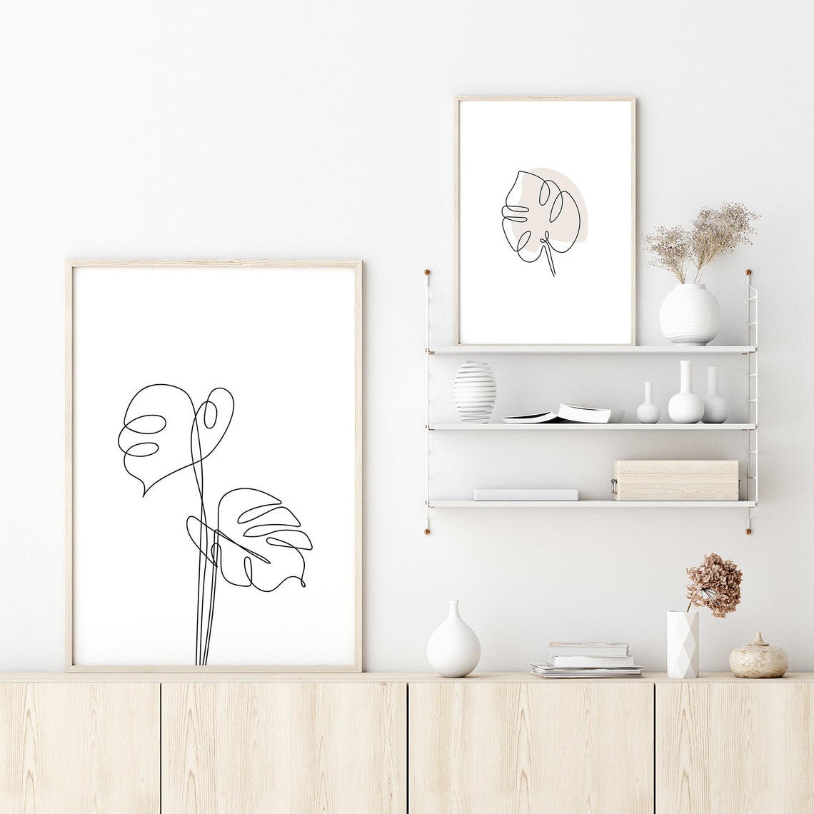 Set of 2 Prints Printable Monstera Wall Art Leaf Fine Line - Etsy