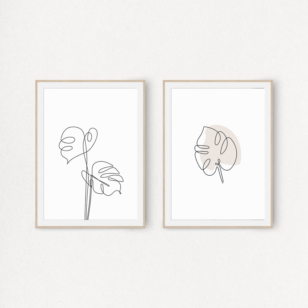 Set of 2 Prints Printable Monstera Wall Art Leaf Fine Line - Etsy