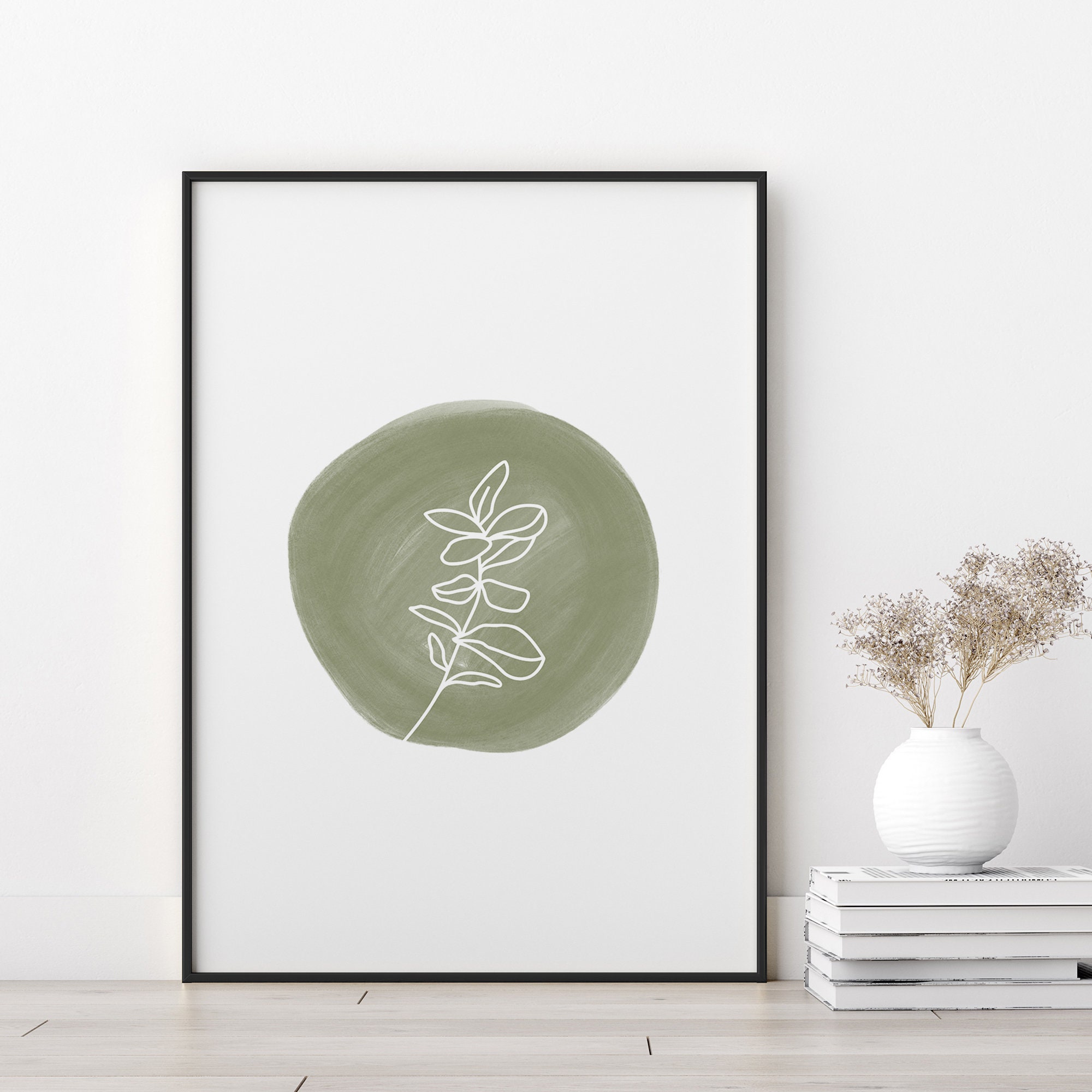 Printable Line Eucalyptus Wall Art Print on Green Circle Fine - Etsy