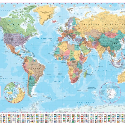 Political World Map With Polar Caps Poster - Etsy