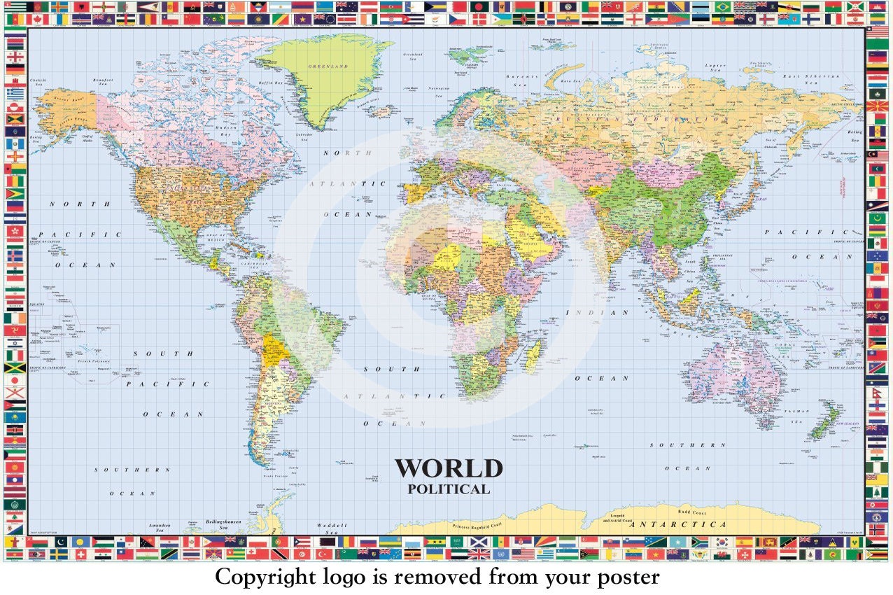 Political World Map Poster With Country Flags Border - Etsy