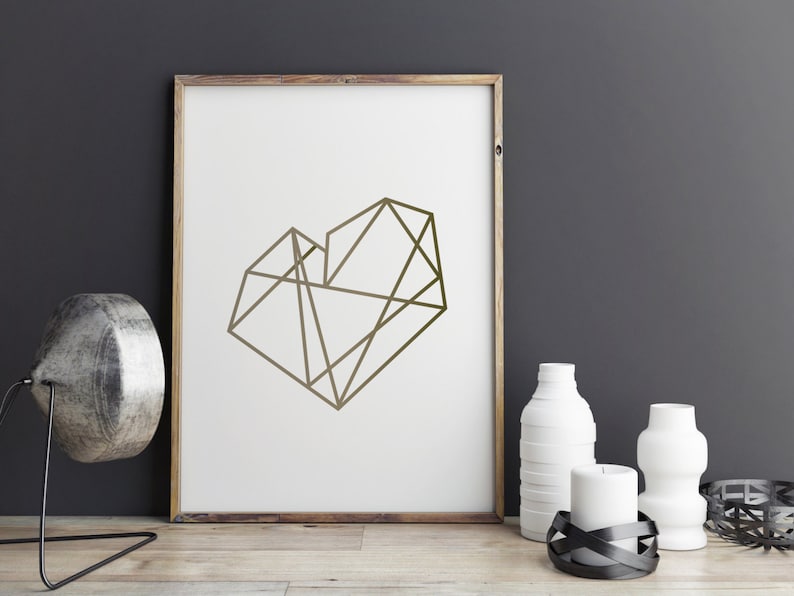Modern Heart Print, Gold Heart Art, Geometric Art Print, Modern ...