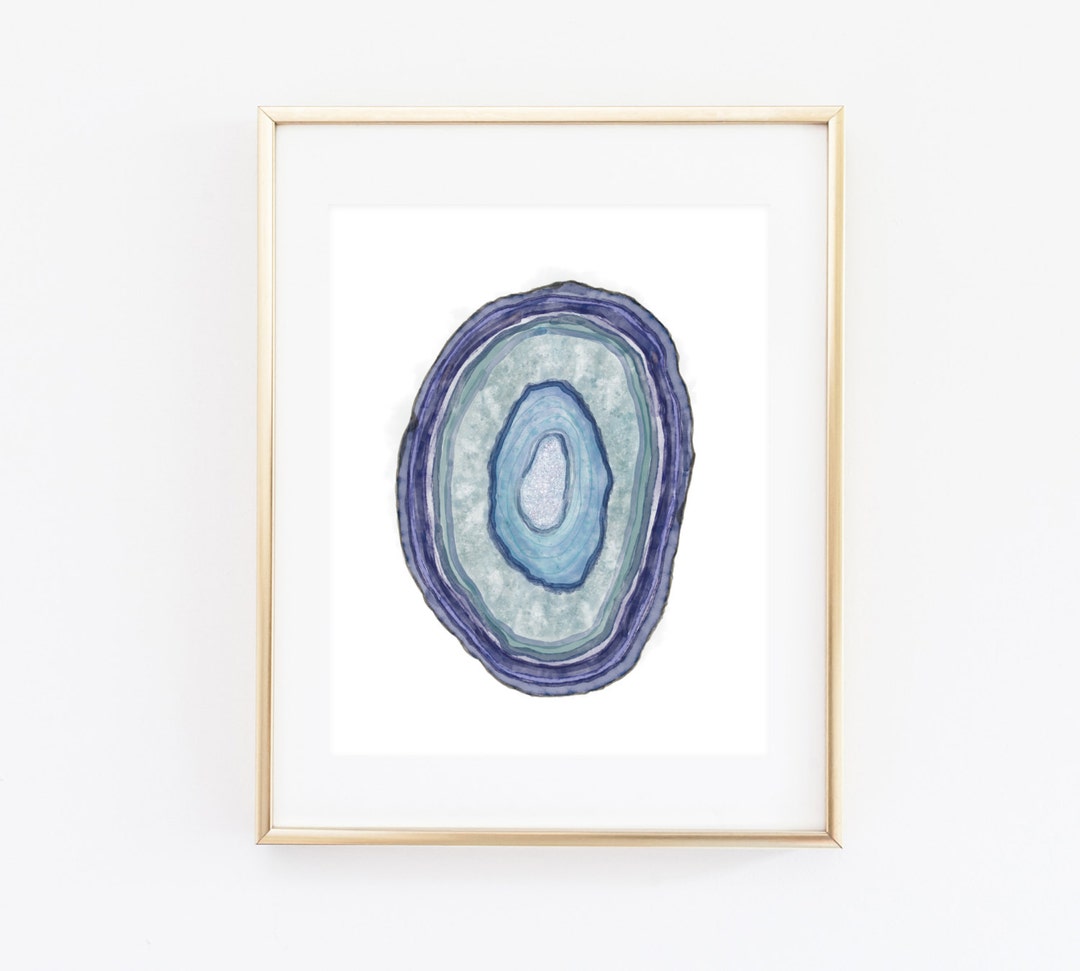 Agate Slice Art, Watercolor Agate Art Print, Blue Watercolor Art, Agate ...