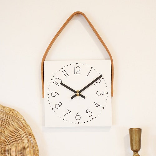 Mini Square Clock White Clock With Leather 6 Wood - Etsy