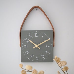 Mini Square Clock - Clock With Leather - Neutral Grey/green - 6" Wood ...