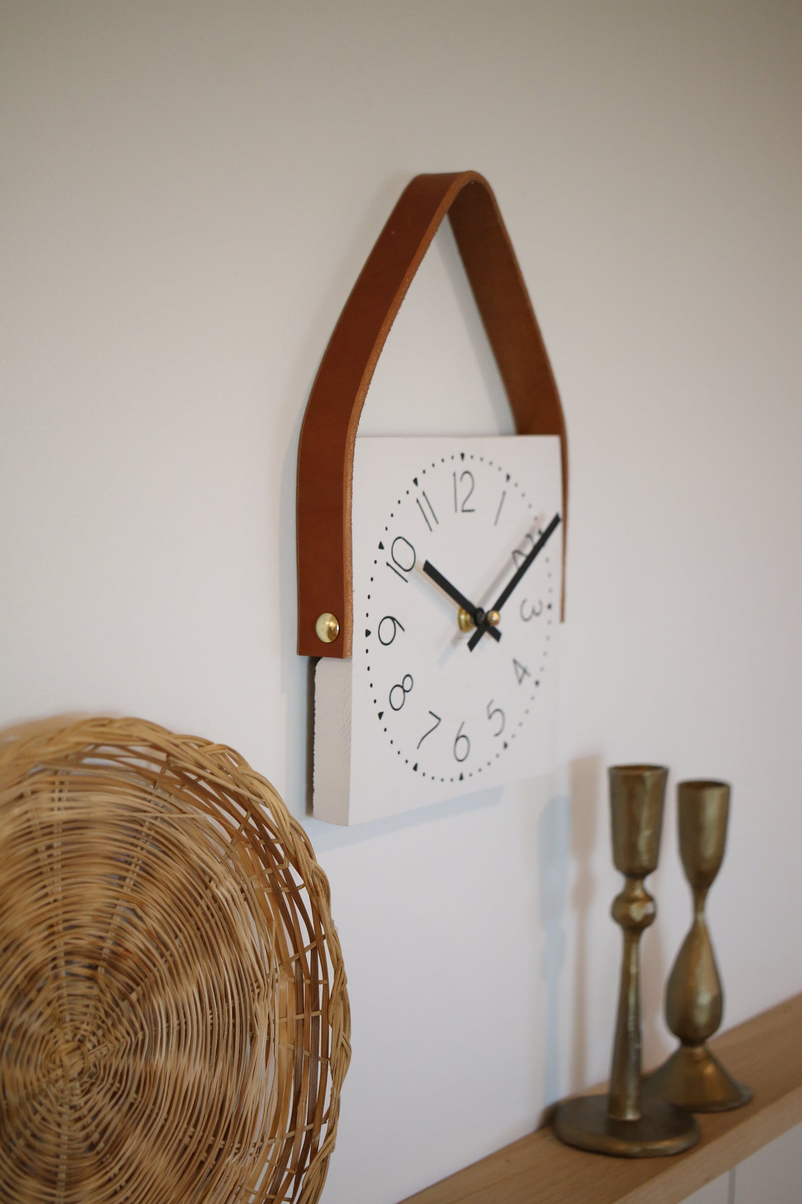 Mini Square Clock - White Clock With Leather - 6" Wood Clock - Small ...