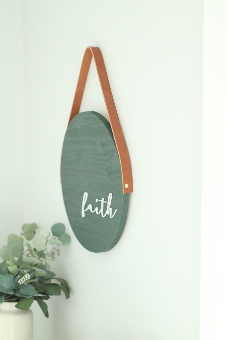 Faith round Hunter green Cognac strap wood round sign | Etsy