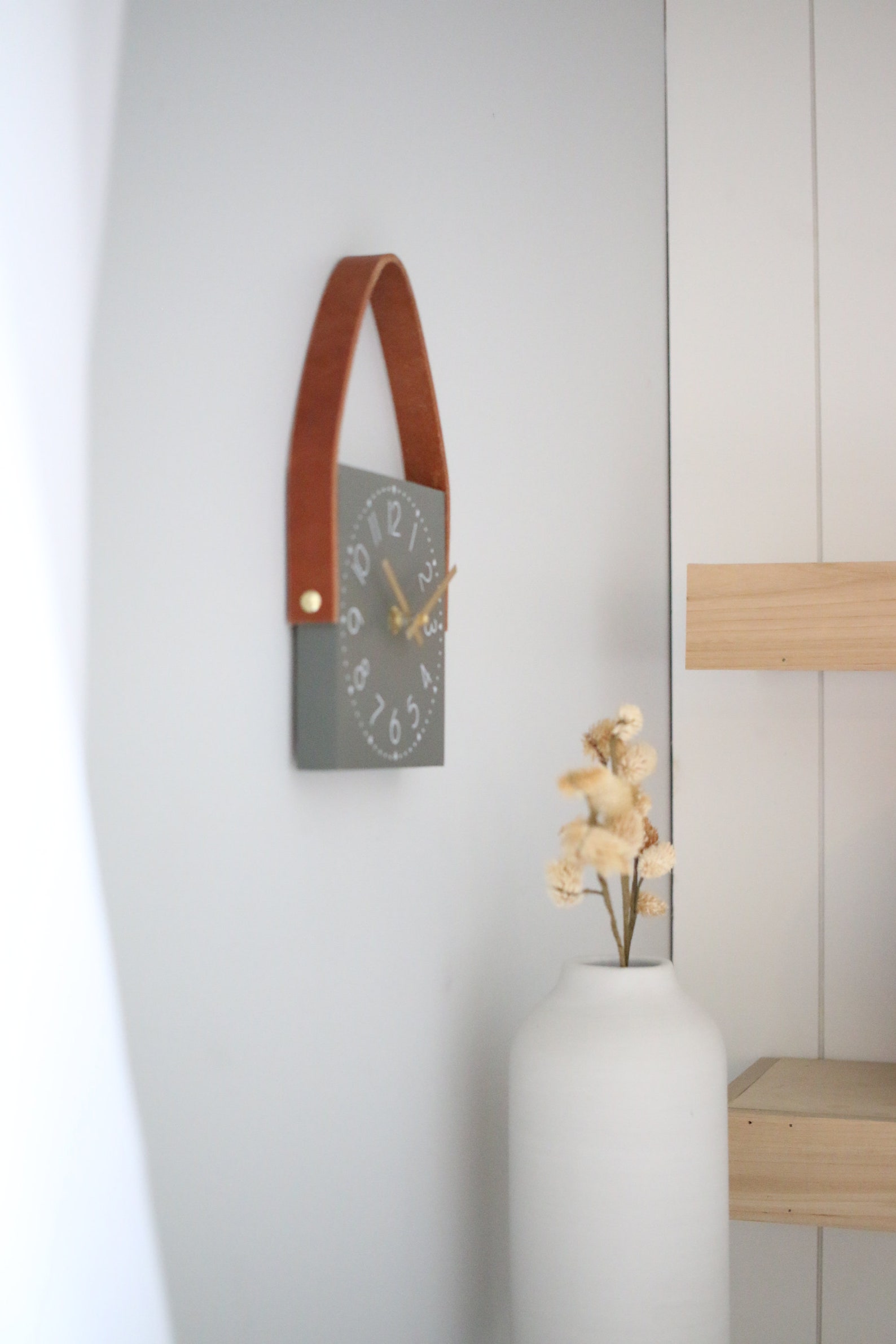 Mini Square Clock - Clock With Leather - Neutral Grey/green - 6" Wood ...