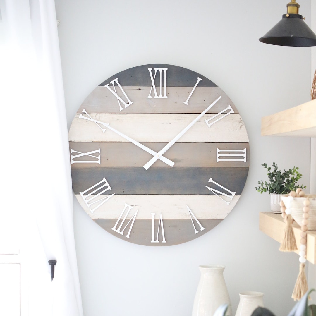 Large Wall Clock - Grey and Blue Hue - Living Room Decor - Handmade ...