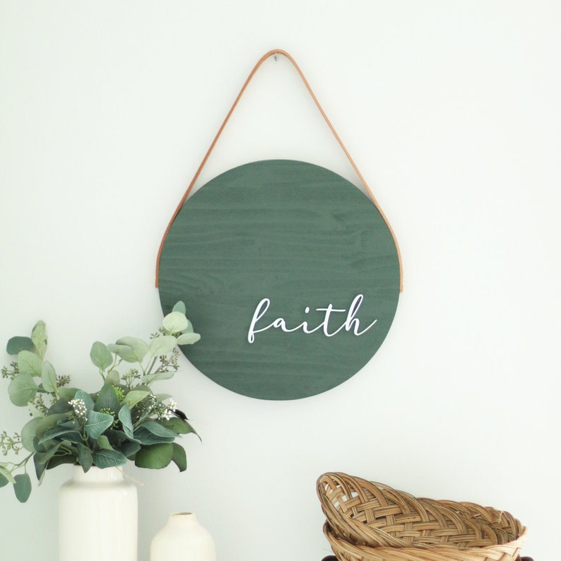 Faith Round Hunter Green Cognac Strap Wood Round Sign - Etsy