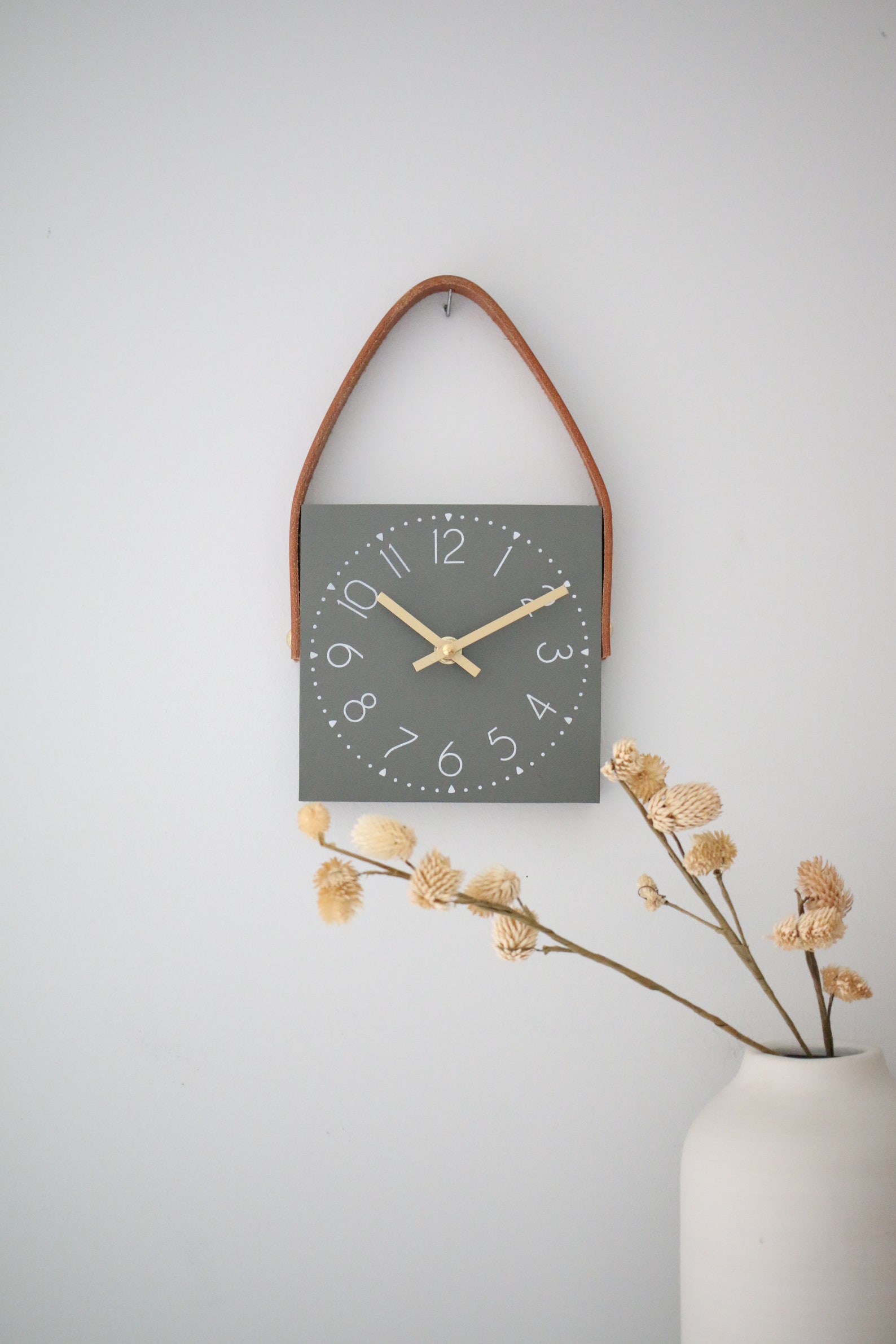 Mini Square Clock - Clock With Leather - Neutral Grey/green - 6" Wood ...