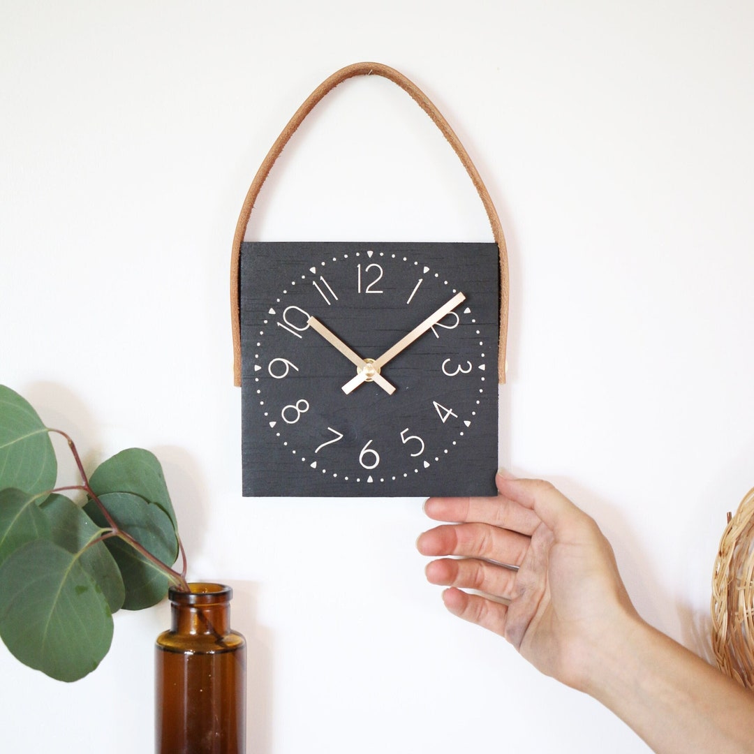 Mini Square Clock - Black Clock With Leather - Small Wood Clock ...
