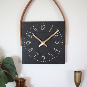 Mini Square Clock - Black Clock With Leather - Small Wood Clock ...