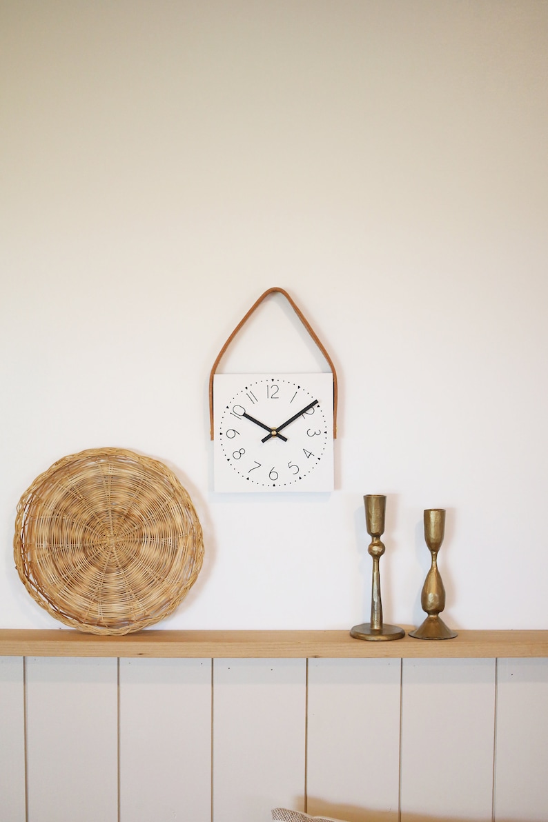Mini Square Clock - White Clock With Leather - 6" Wood Clock - Small ...