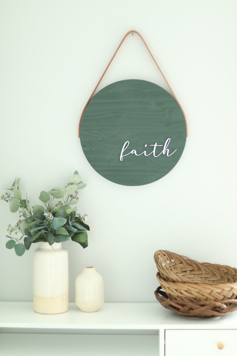 Faith Round Hunter Green Cognac Strap Wood Round Sign - Etsy