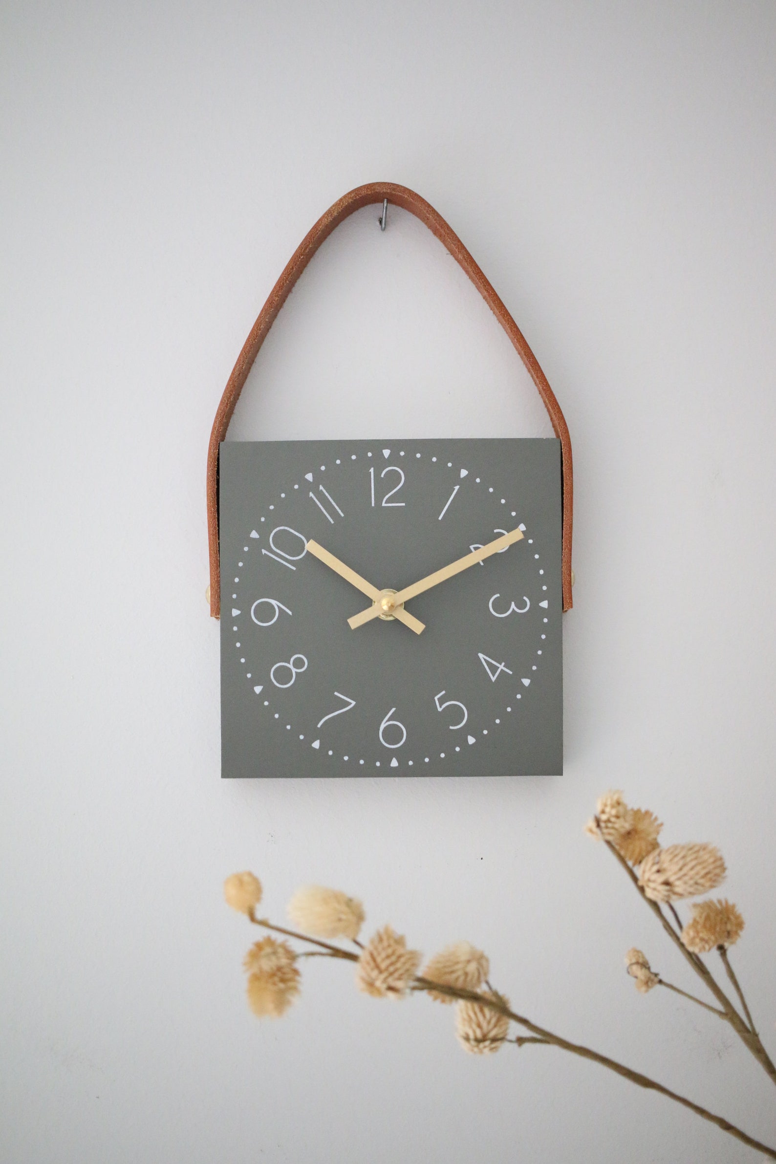 Mini Square Clock - Clock With Leather - Neutral Grey/green - 6" Wood ...