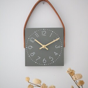 Mini Square Clock - Clock With Leather - Neutral Grey/green - 6" Wood ...