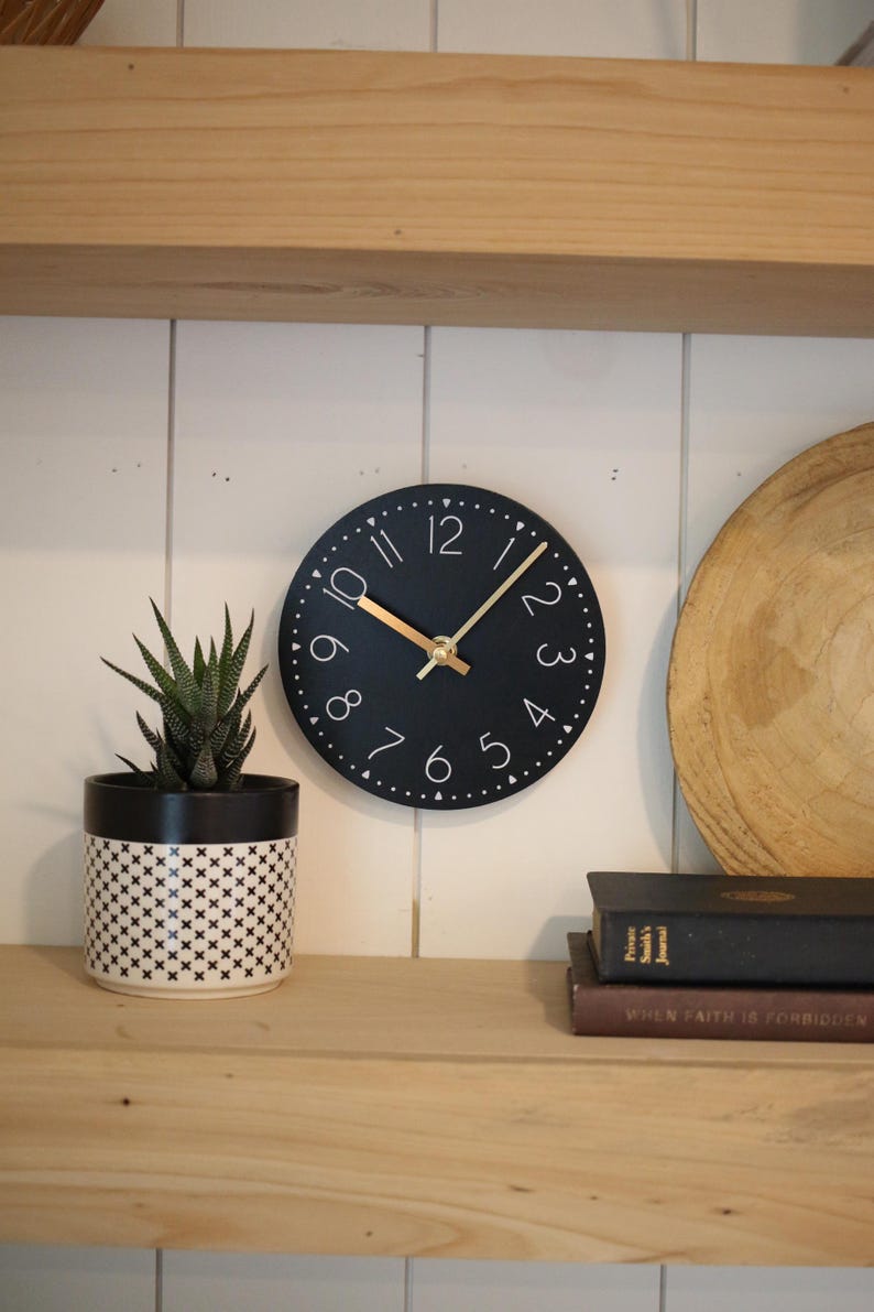 Handmade Mini Wall Clock – Black, White & Gold, Silent Sweep (6", 8 ...