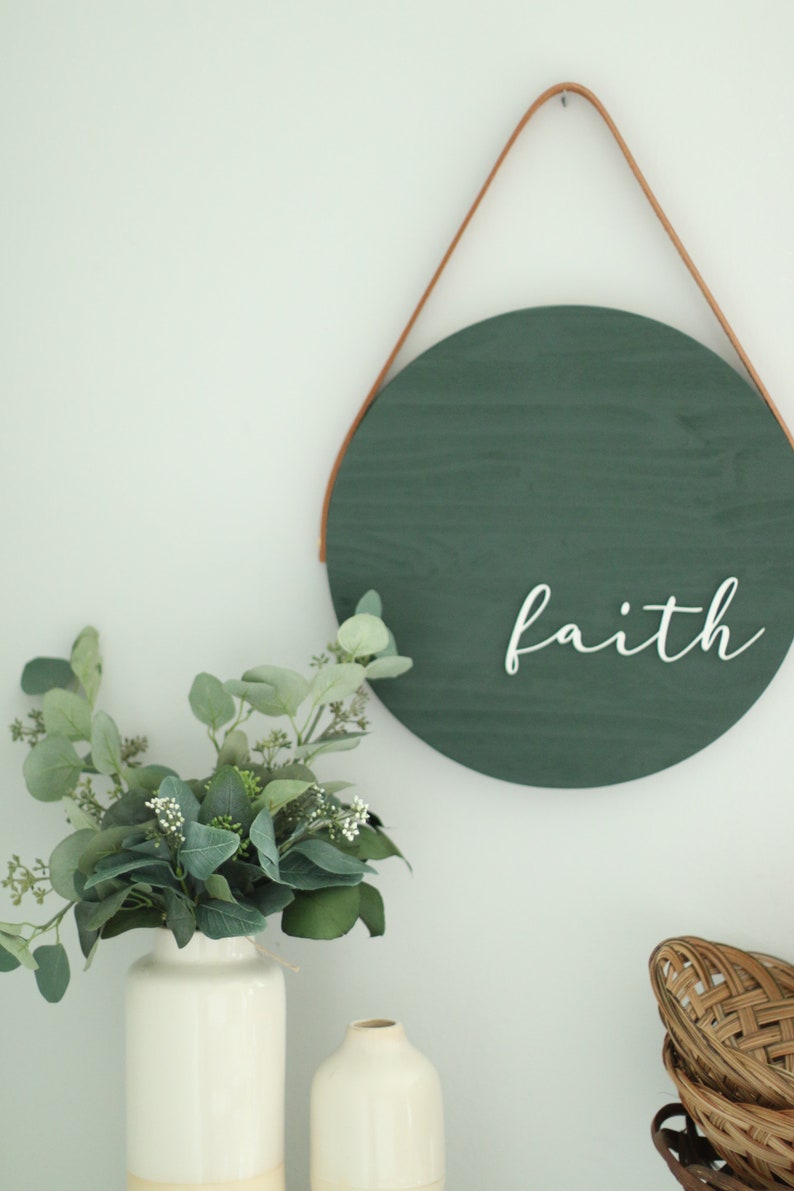 Faith Round Hunter Green Cognac Strap Wood Round Sign - Etsy